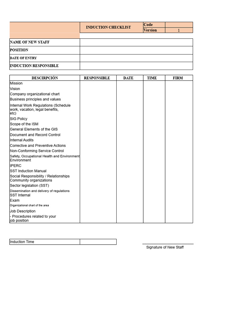 INDUCTION CHECKLIST | PDF
