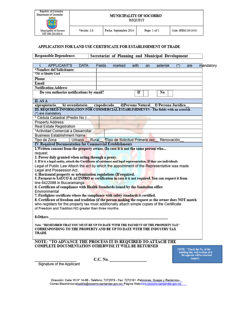Land Use Certificate Application Socorro | PDF