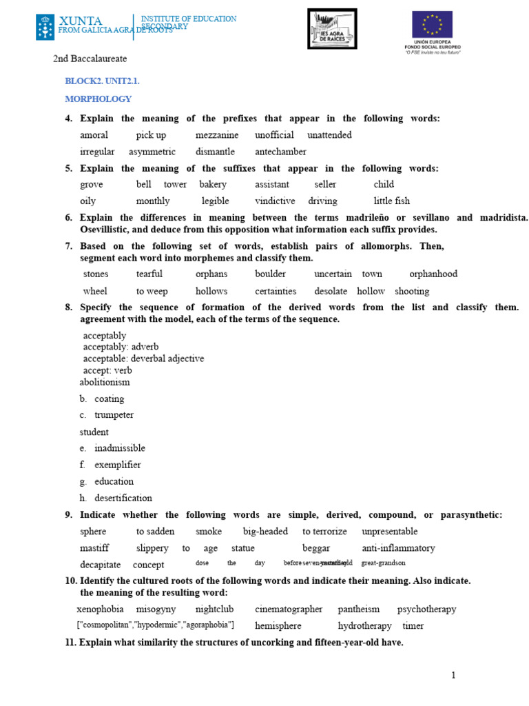 2 BACH UN 2 1 Morphology Activities | PDF | Word | Morphology (Linguistics)