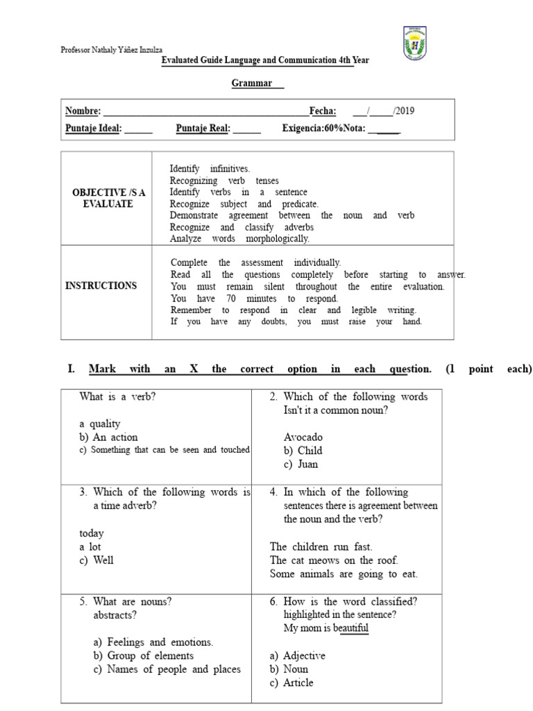 4th Year Language Assessment Guide | PDF | Verb | Subject (Grammar)