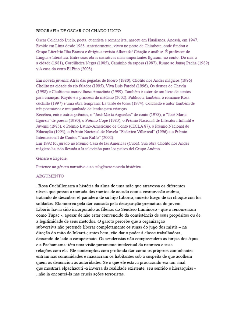 Biografia De Oscar Colchado Lucio Pdf Peru Contos