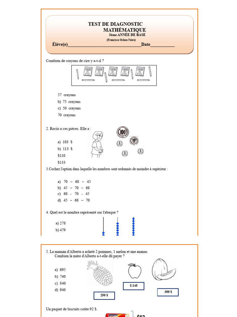 3ème Année Mathématiques Test de Diagnostic | PDF | Mathématiques