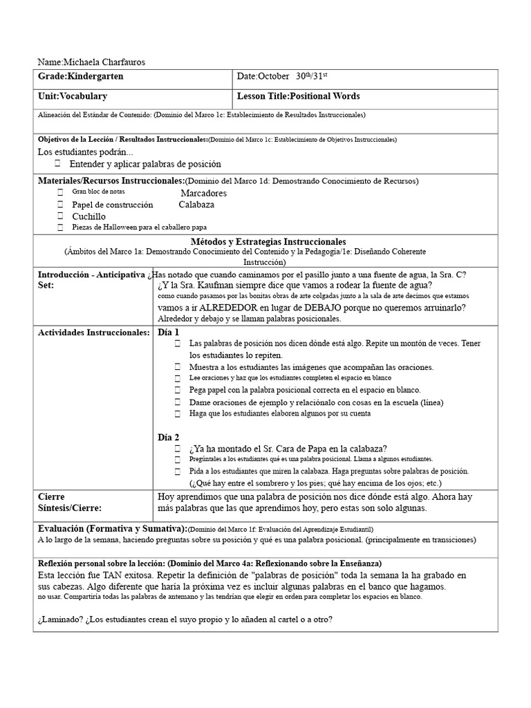 Plan de Lección Sobre Palabras de Posición | PDF | Aprendizaje