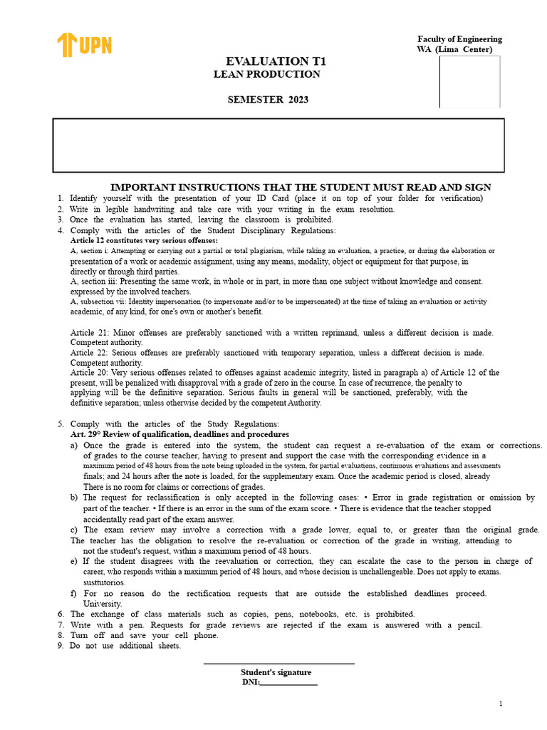 Evaluation T1 - Lean Production | PDF | Cost Of Goods Sold