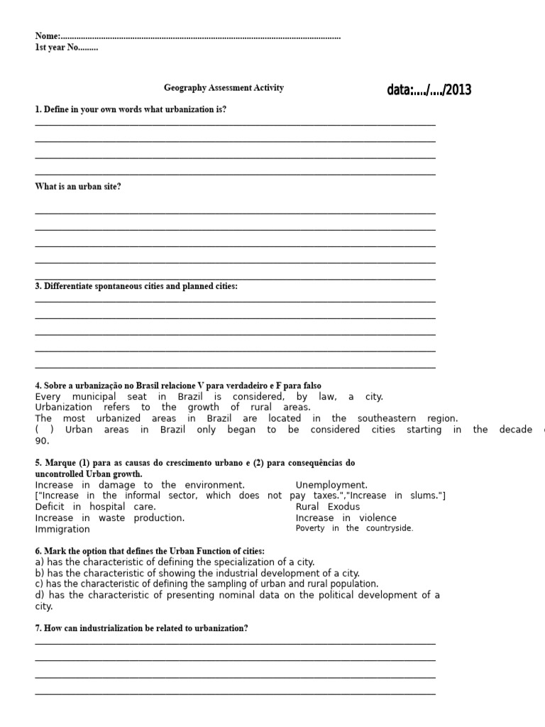 Assessment Activity Geography 1st Year | PDF | City | Urbanization