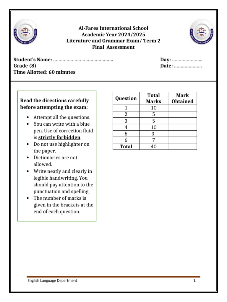 Final Assessment Lit. Gramm Grades 678 Dania Alaa | PDF | Linguistics