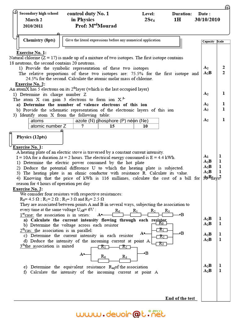 Control Assignment No. 1 - Physical Sciences - 2nd Year Sciences (2010-2011) Mr. Mouhamed Mourad ...