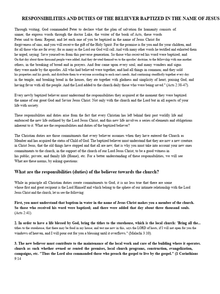 OFFICIAL - Responsibilities and Duties of The Baptized Believer | PDF ...