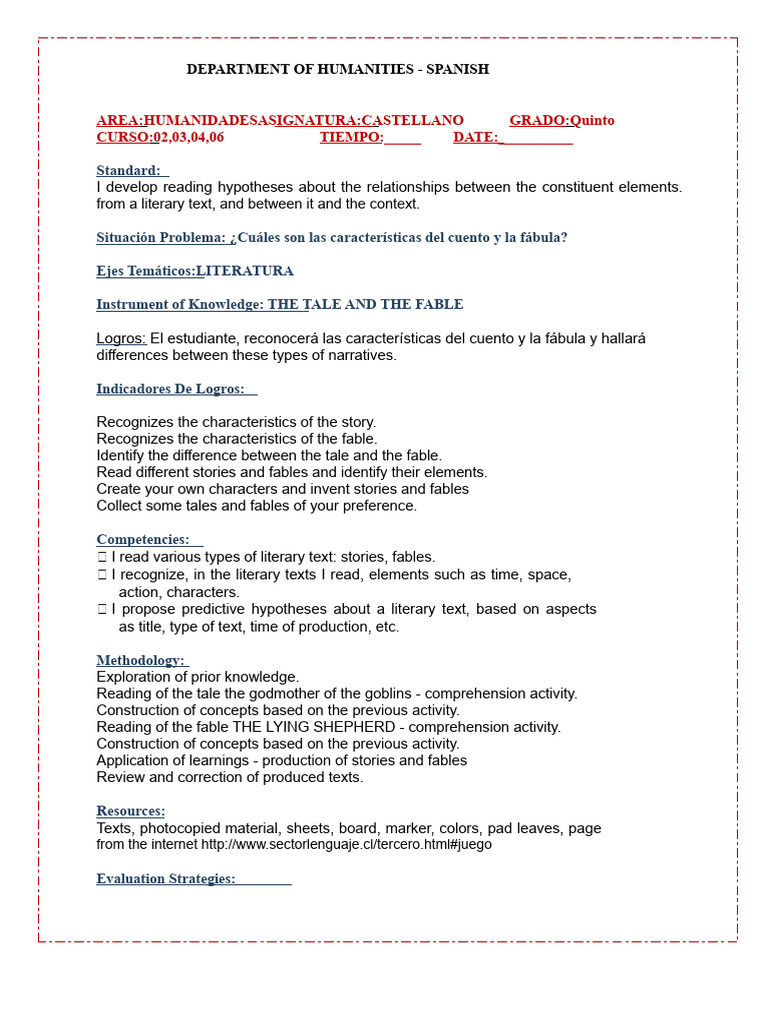 Class Plan Spanish 5 - The Story and The Fable | PDF | Fable | Narrative