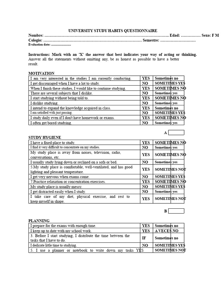 University Study Habits Questionnaire | PDF | Psychological Concepts ...