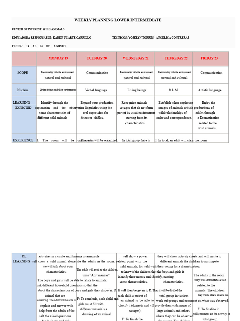 Planning for the Week of August 19 to 23, Lower Middle Level 2013 | PDF ...