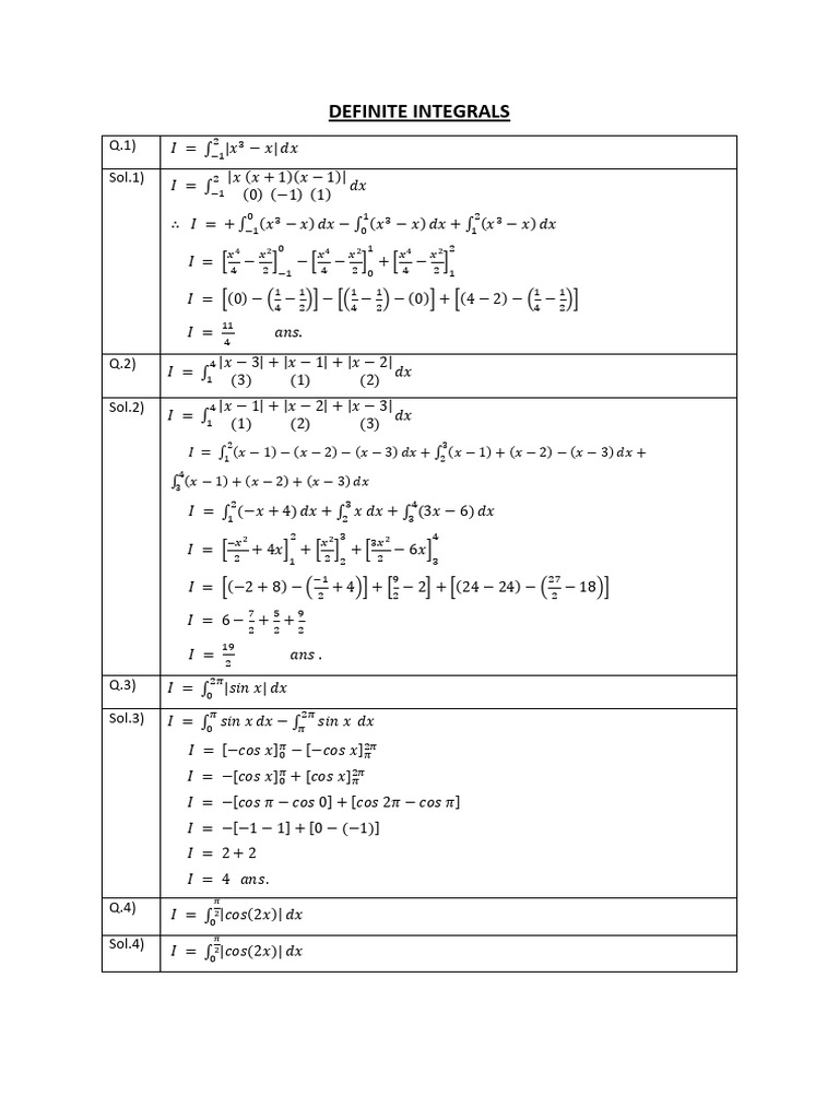 Definite Integrals Solutions and Examples | PDF