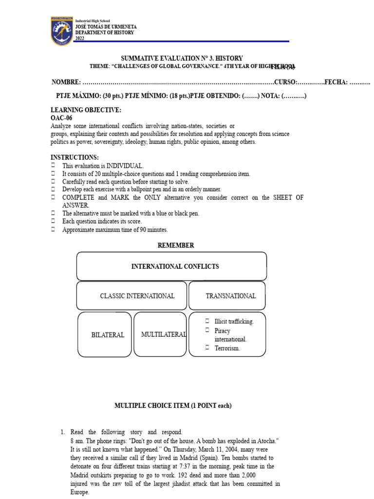 SUMMATIVE TEST 4TH YEAR NO. 3 History ROW A | PDF | Global Politics ...