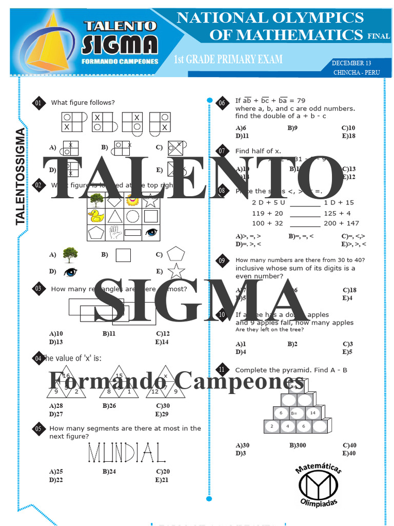 National Olympics Math Exam 1st-3rd Grade | PDF | Subtraction | Mathematics