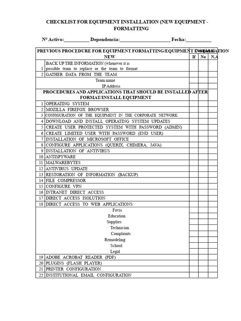 Equipment Installation List PDF | PDF