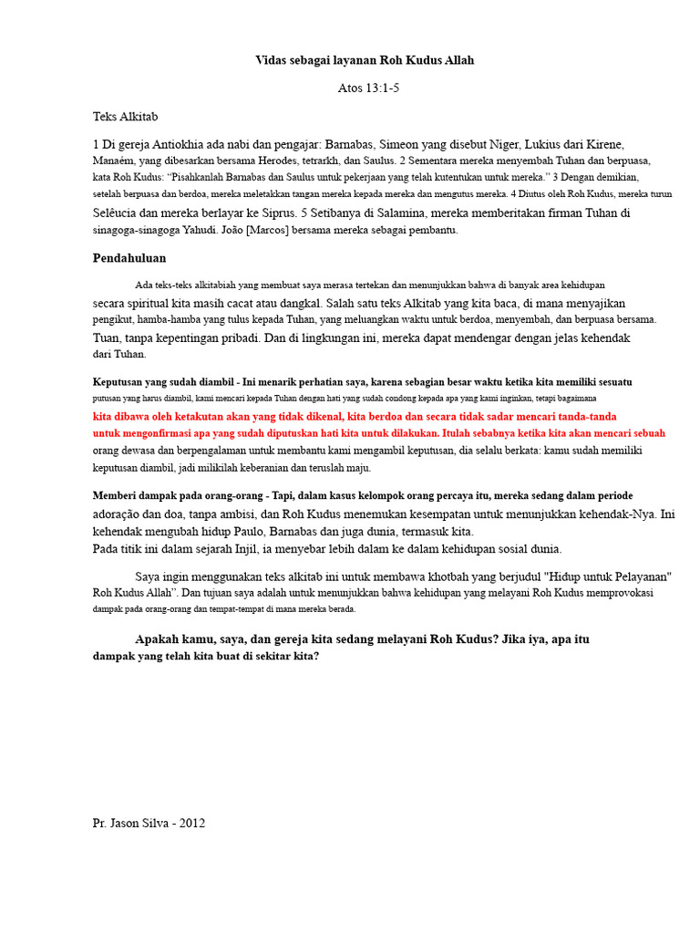 Kisah Para Rasul 13:1-5, hidup dalam pelayanan Roh Kudus Allah. | PDF