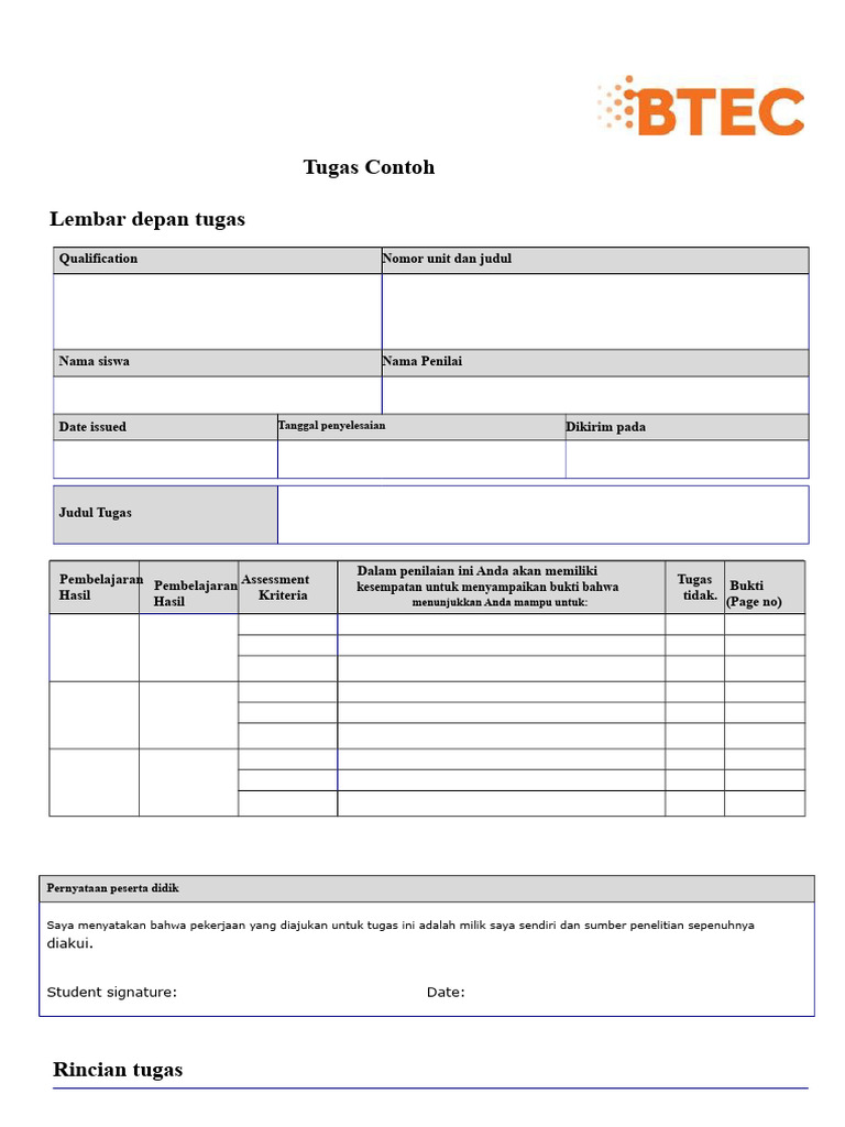 Contoh Template Tugas Diploma BTEC Level 5 HND Pearson | PDF