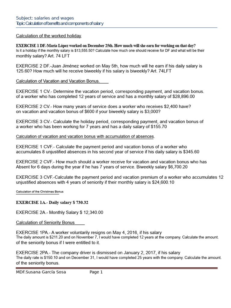 Exercises Calculation of Benefits | PDF | Salary | Vacation