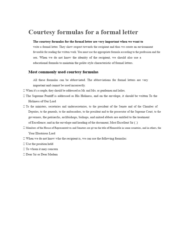 Courtesy Formulas for the Formal Letter | PDF | The Honourable | Honorifics