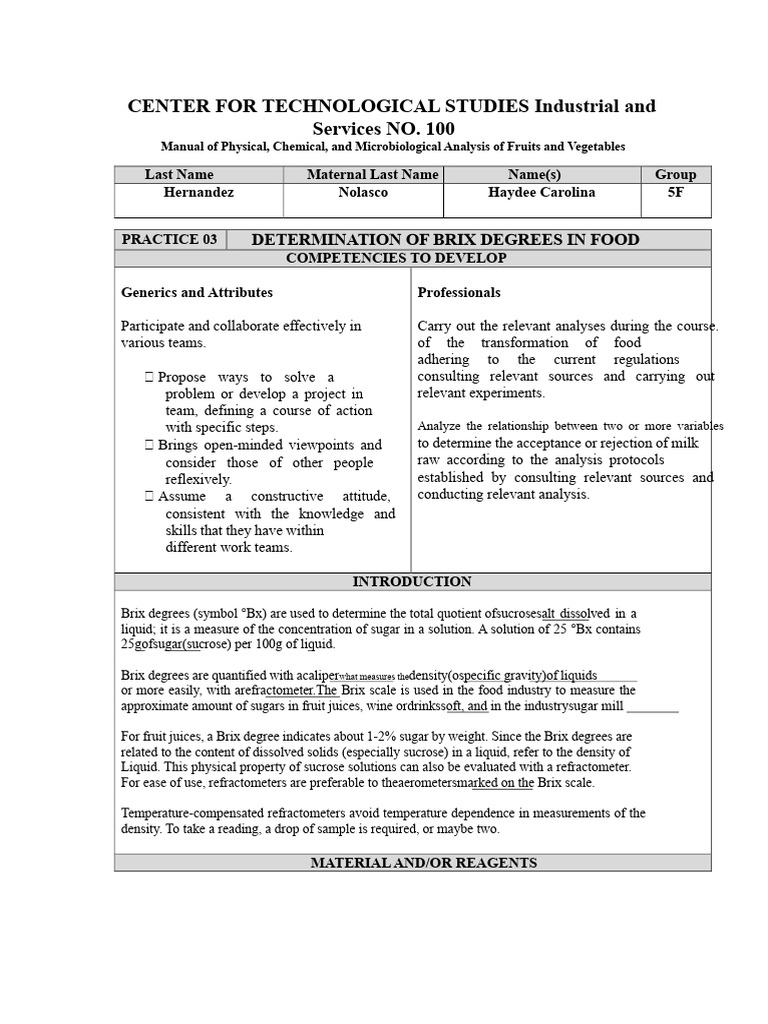 Practice 03 Determination of Brix Degrees in Foods | PDF | Quantity | Applied And ...