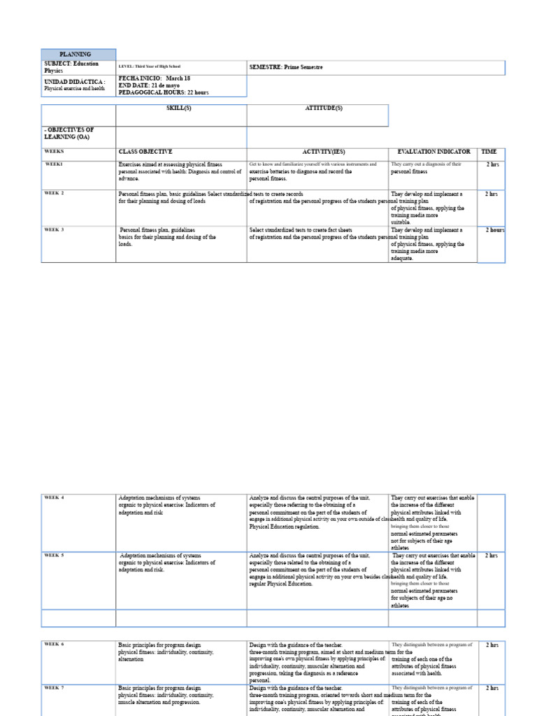 PLANNING 1st UNIT THIRD YEAR High School Physical Education | PDF ...