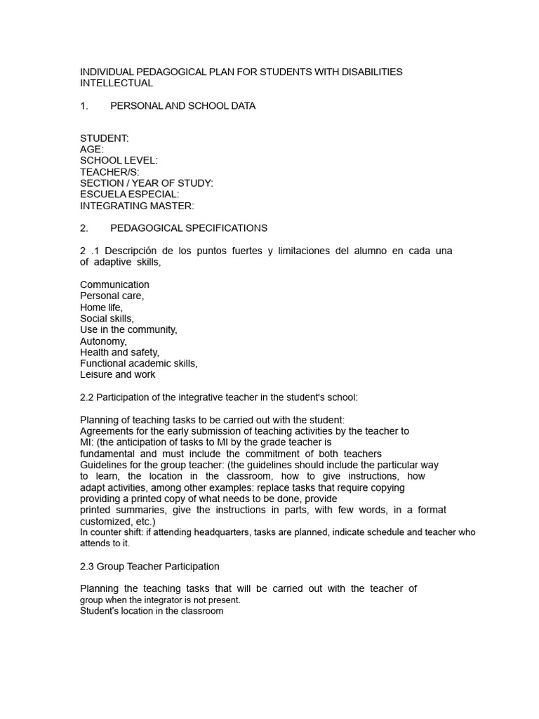 Individual Pedagogical Plan For Students With Intellectual Disabilities ...
