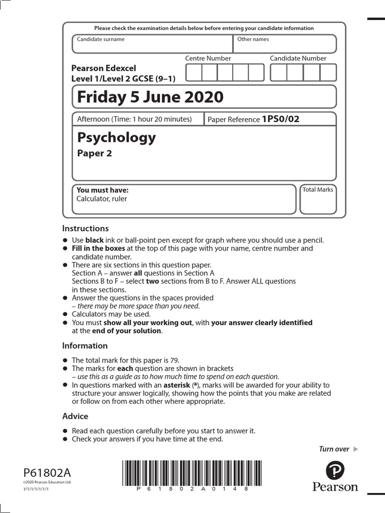 June 2020 QP - Paper 2 Edexcel Psychology GCSE | PDF | Psychological Concepts | Psychology
