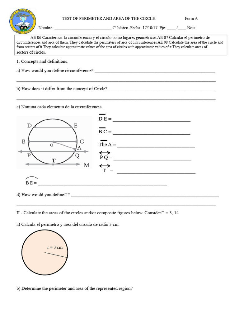 Circle Perimeter and Area Test | PDF | Area | Circle