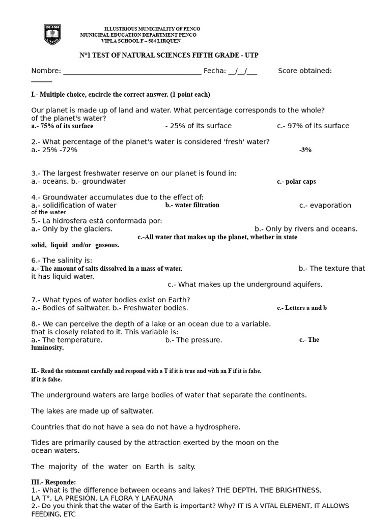 Water Unit Test Fifth Grade 2016 Utp | PDF | Water | Oceans