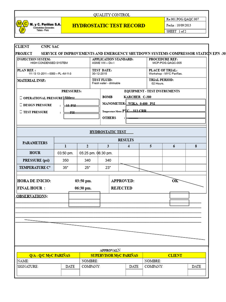 High Condensate Hydrostatic Test Record | PDF | Pressure | Transparent ...