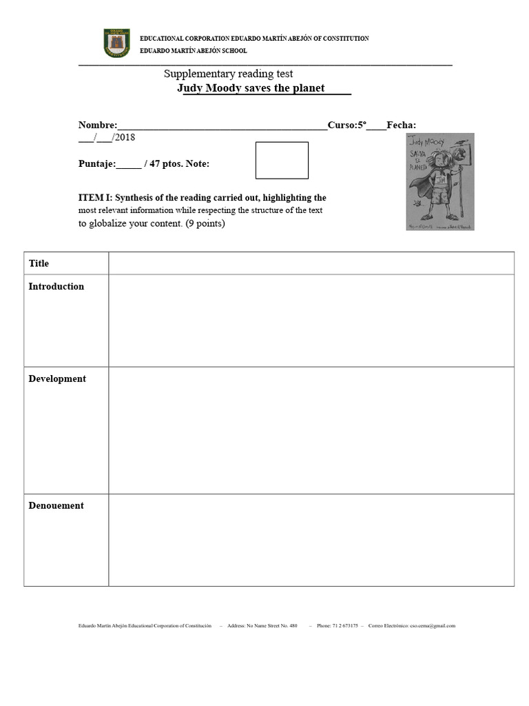 TEST JUDY MOODY 5th A and B | PDF