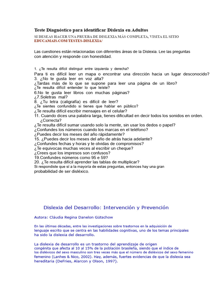 Test de Dislexia para Adultos | PDF | Fónica | Cognición