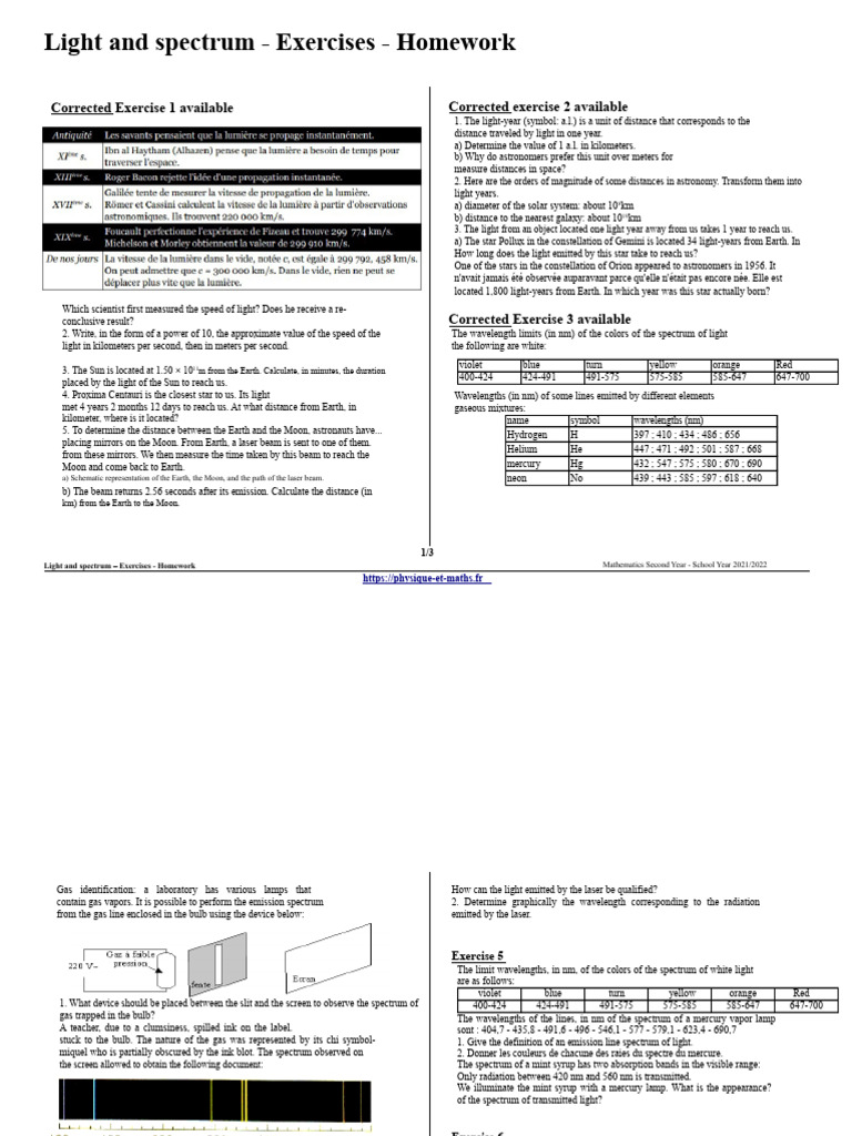 Light and Spectrum Exercises for Homework | PDF | Electromagnetic ...