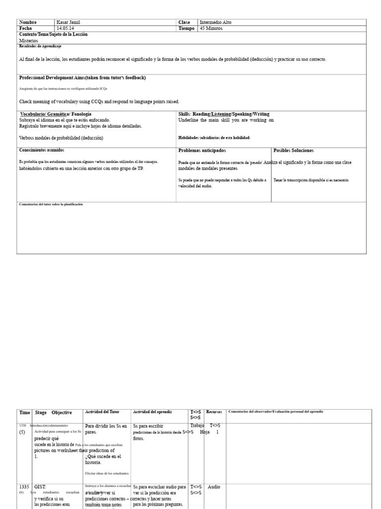 Plan de Lección 7 - Intermedio Alto - Escucha y Modales Pasados | PDF ...