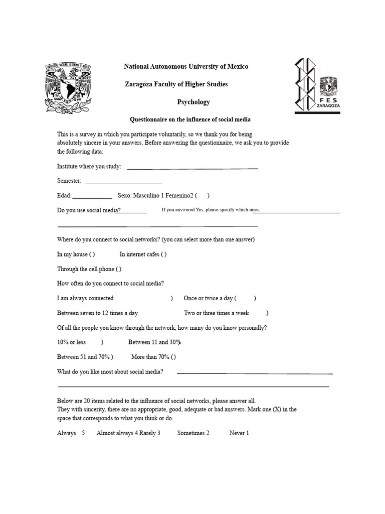 Questionnaire On The Influence of Social Networks | PDF | Questionnaire ...