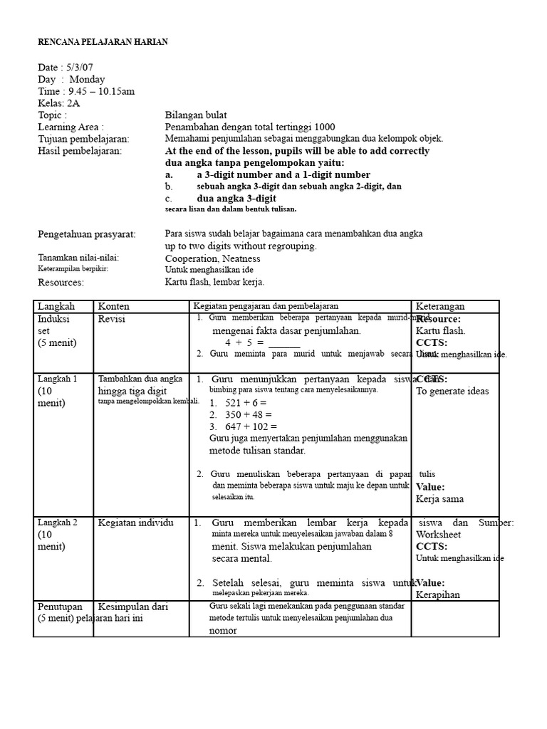 Contoh RPH Matematik | PDF