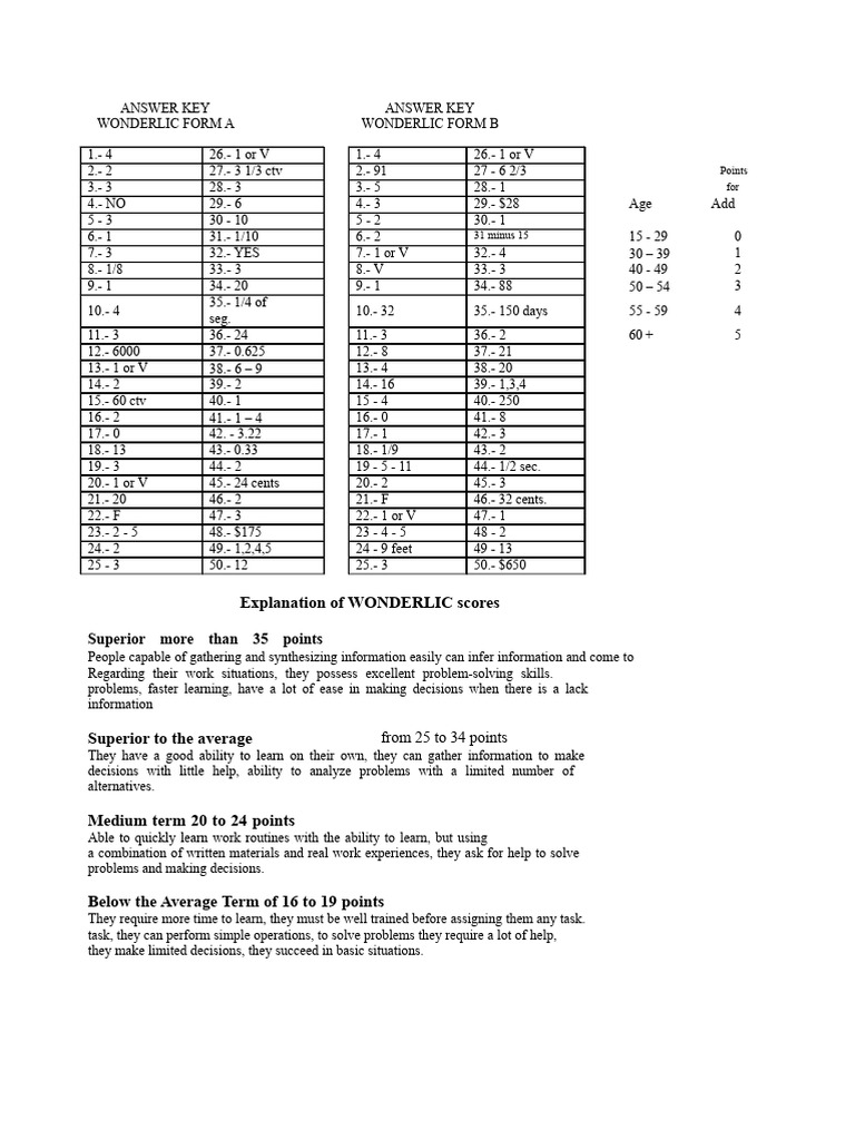 Wonderlic Test Answer Key & Scores | PDF | Cognitive Science | Intelligence