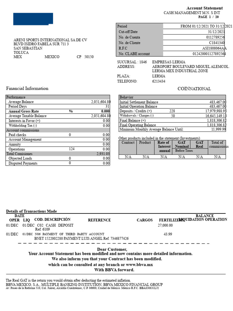Statement Cta BBVA ARENI 0112789256 December 2021 PDF | PDF | Service ...