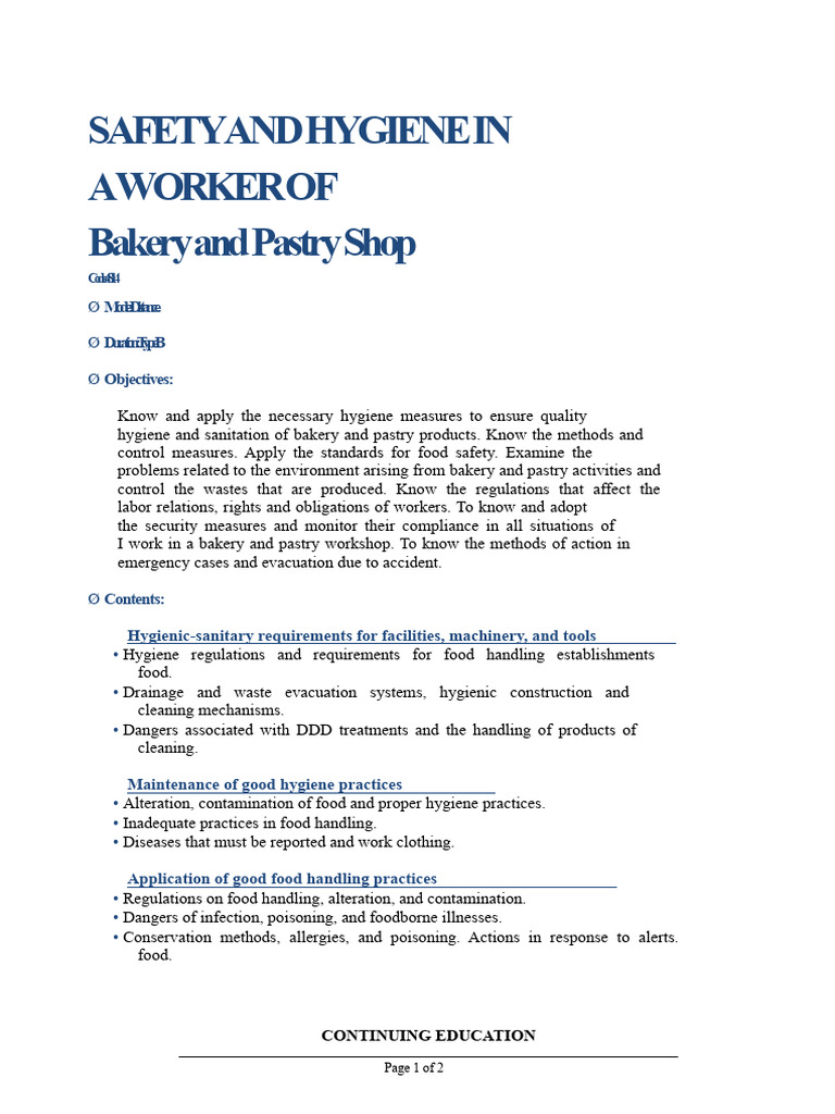 Safety and Hygiene in A Bakery and Pastry Workshop 4814 | PDF | Food ...