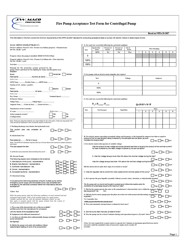 Fire Pump Acceptance Test Form NFPA 20 | PDF | Pump | Engines