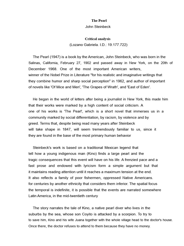 Critical Analysis of Steinbeck's The Pearl | PDF | John Steinbeck ...