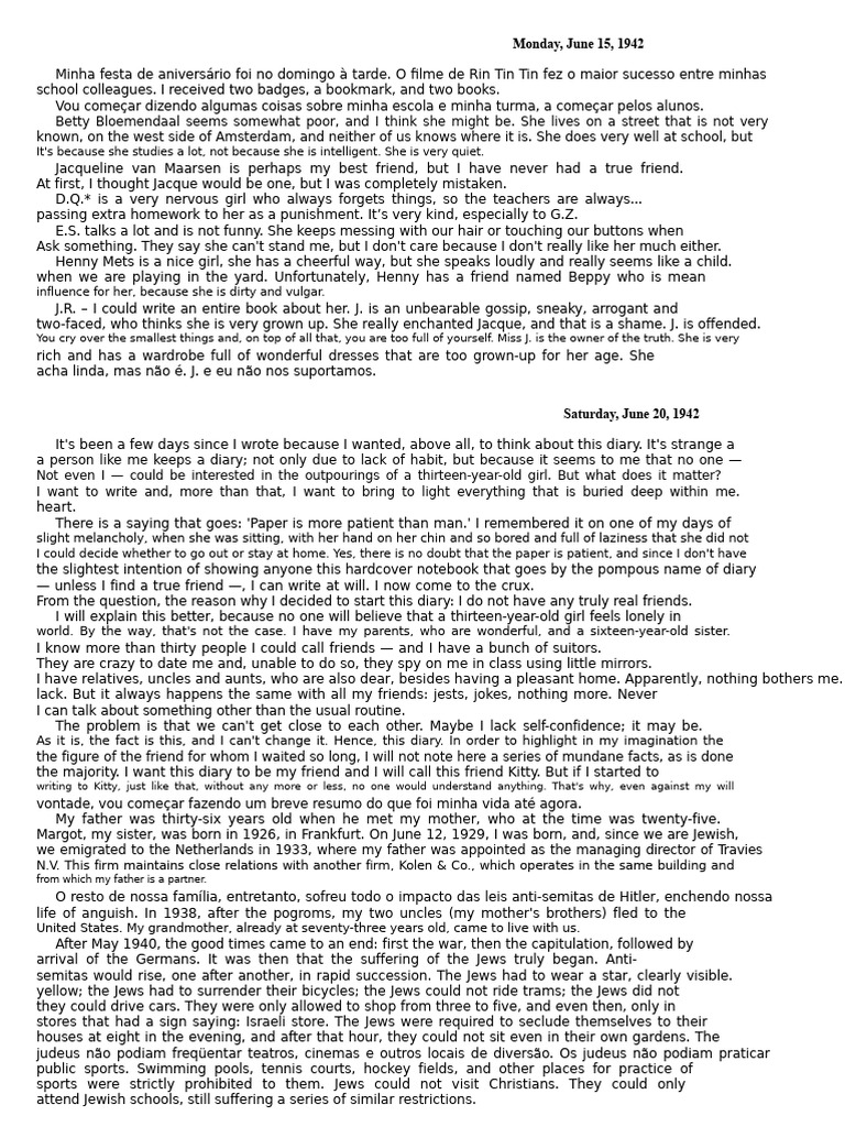 Excerpts from The Diary of Anne Frank | PDF