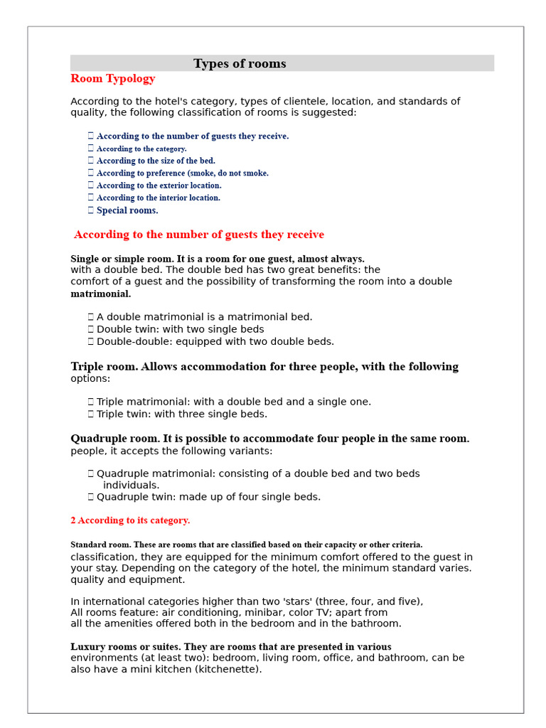 Types of Rooms | PDF | Hotel