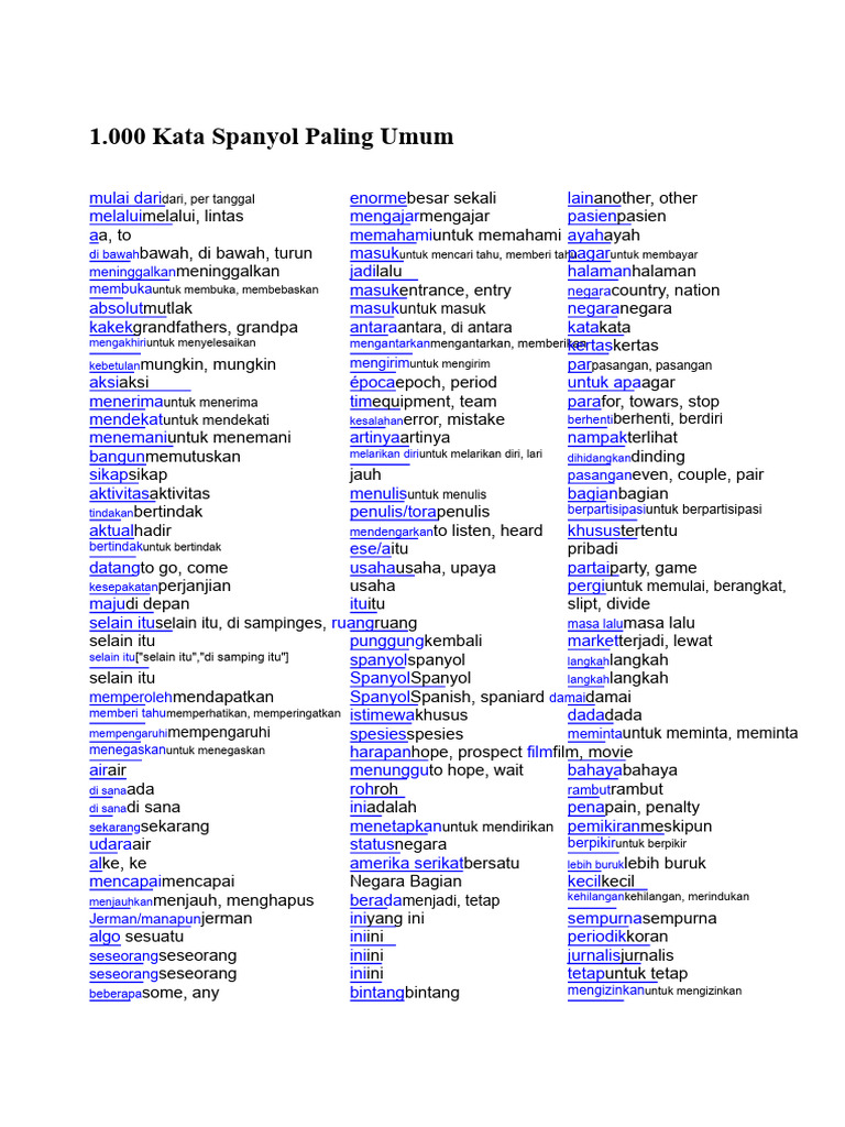 1000 Kata Spanyol Paling Umum | PDF