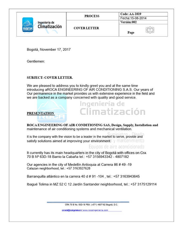 PRESENTATION LETTER ROCA AIR CONDITIONING ENGINEERING SAS- | PDF | Air ...