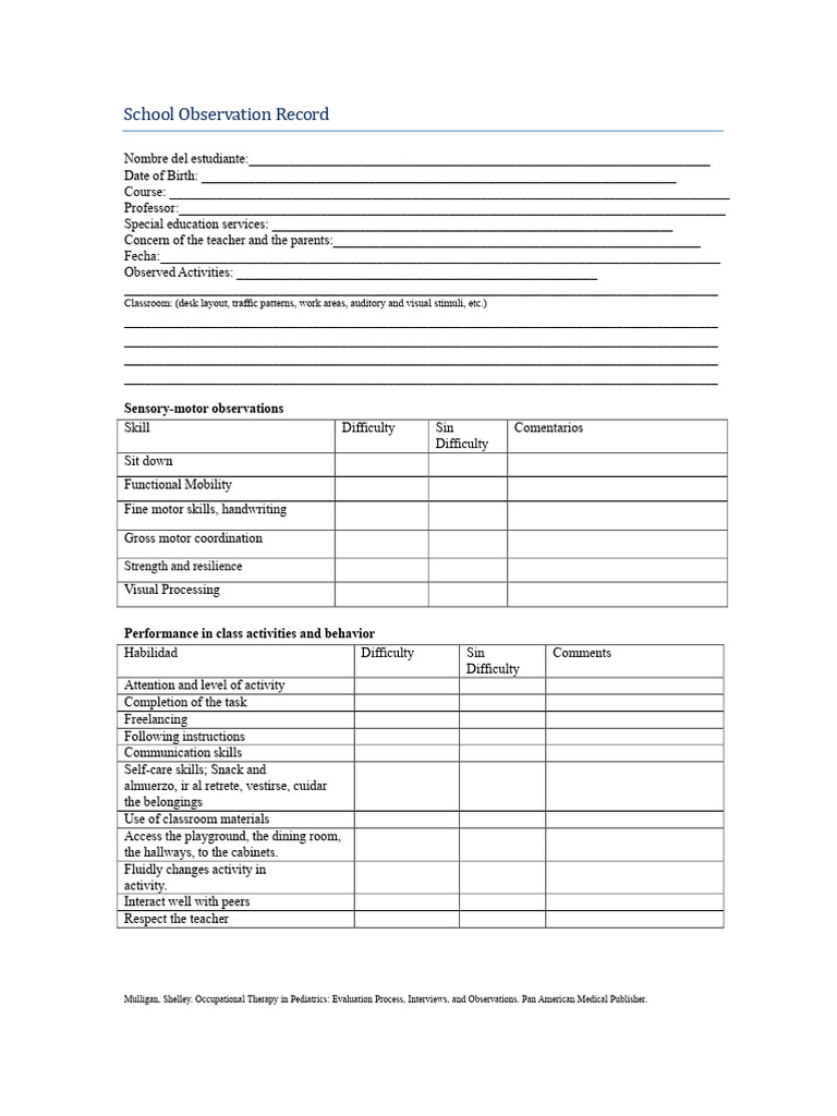 School Observation Record | PDF | Classroom | Occupational Therapy