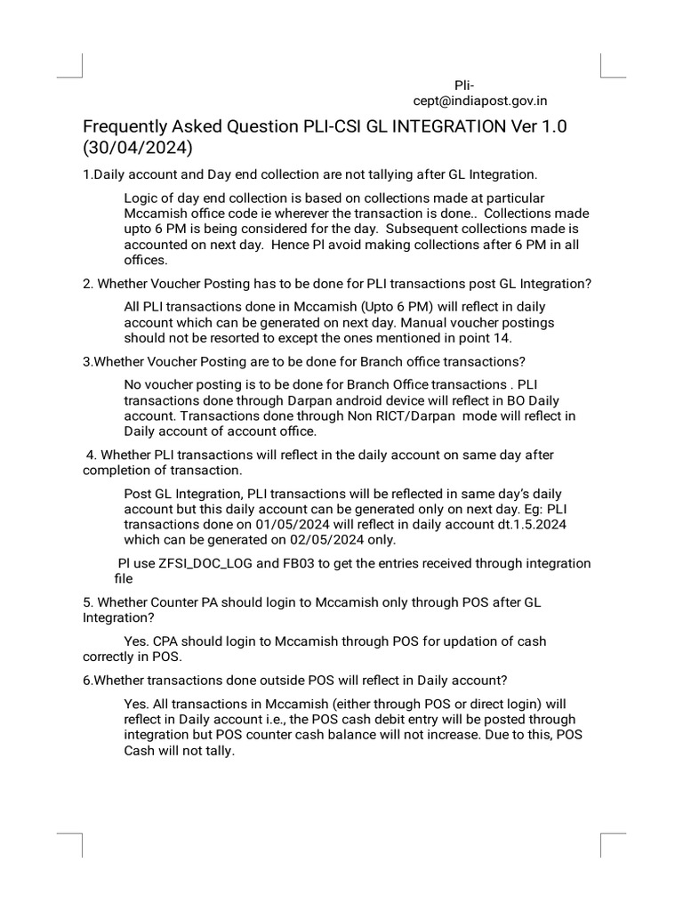 PLI-CSI GL Integration FAQs Guide | PDF | Cheque | Debits And Credits