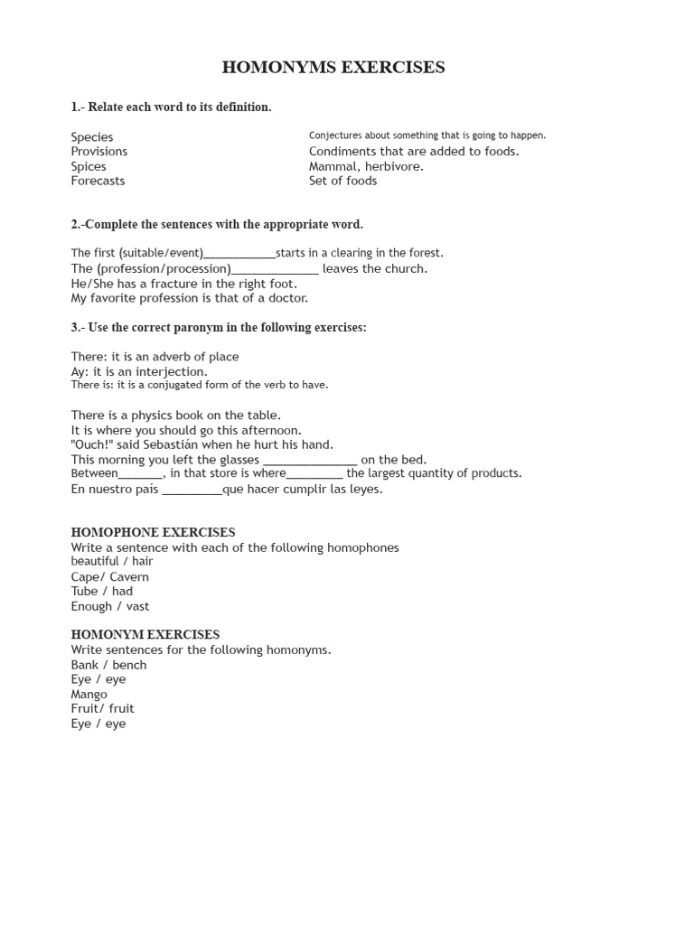 Homonyms and Homophones Exercises | PDF