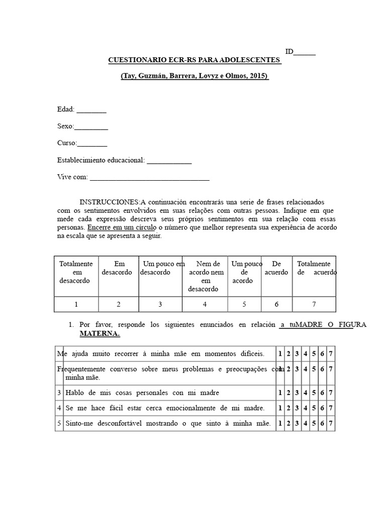 Questionário ECR-RS para Adolescentes | PDF
