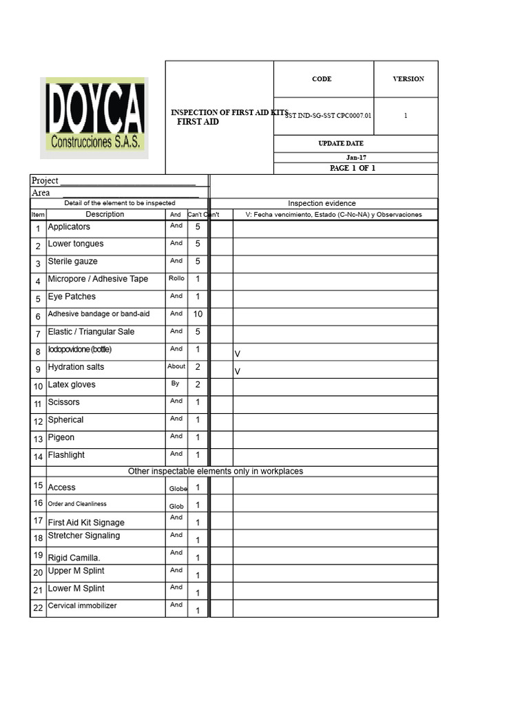 SST INSP-SG-0005. 01 First Aid Kit Inspection Format | PDF | First Aid